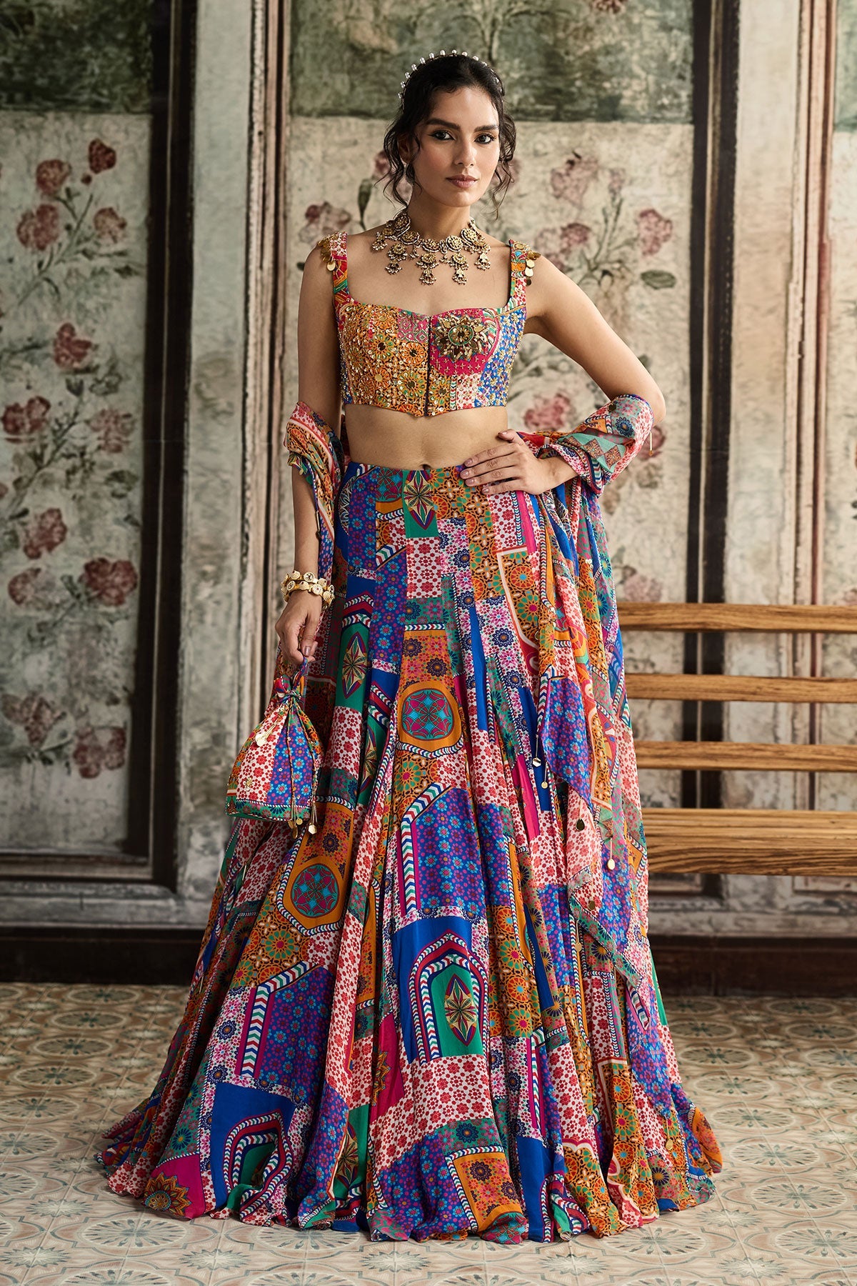Multi-Color Print And Highlighted Criss-Cross Back Blouse With Godet S